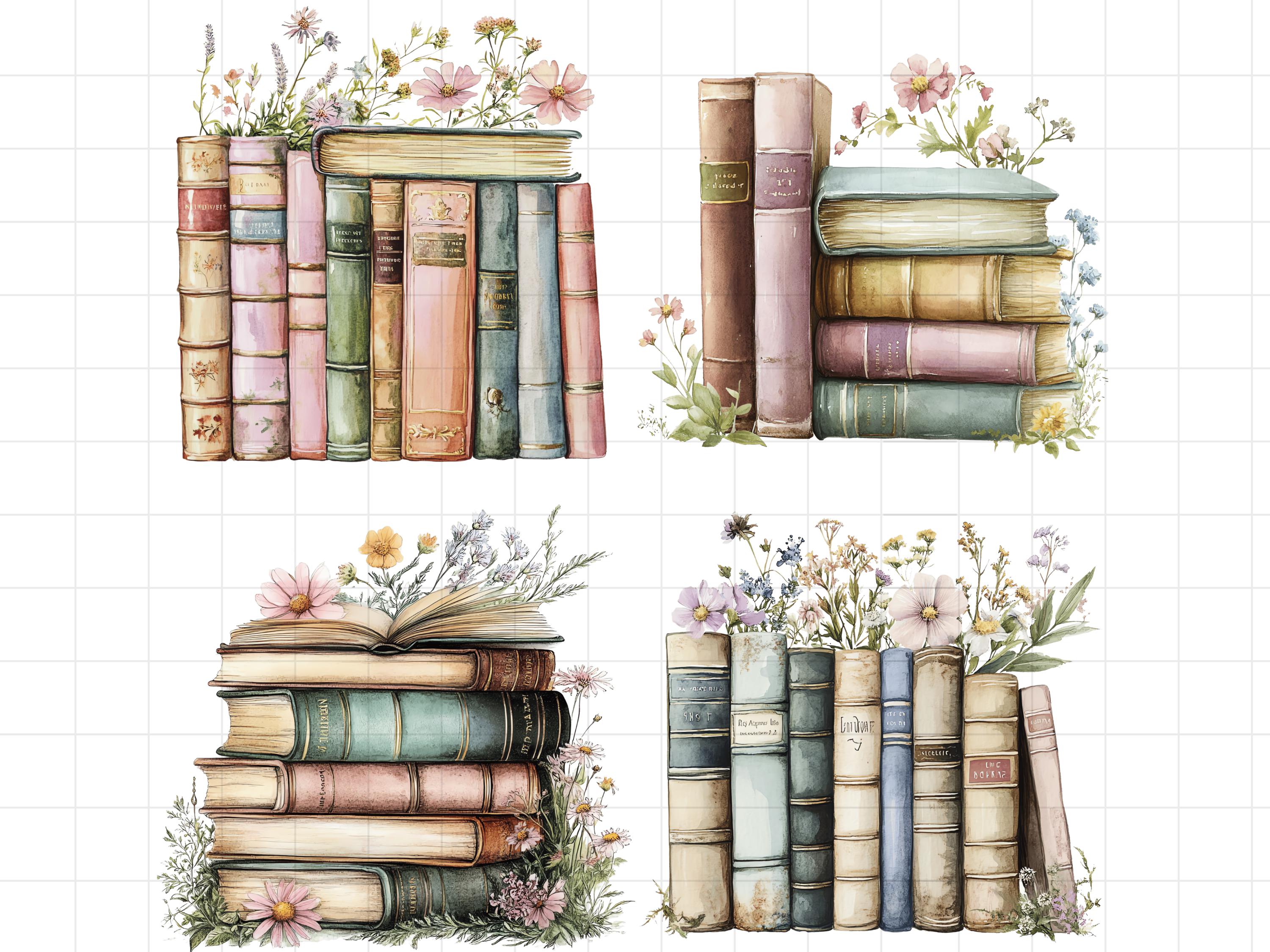 20 Wildflower Books Clipart, Watercolor Bookstack, Book Lover Png ...