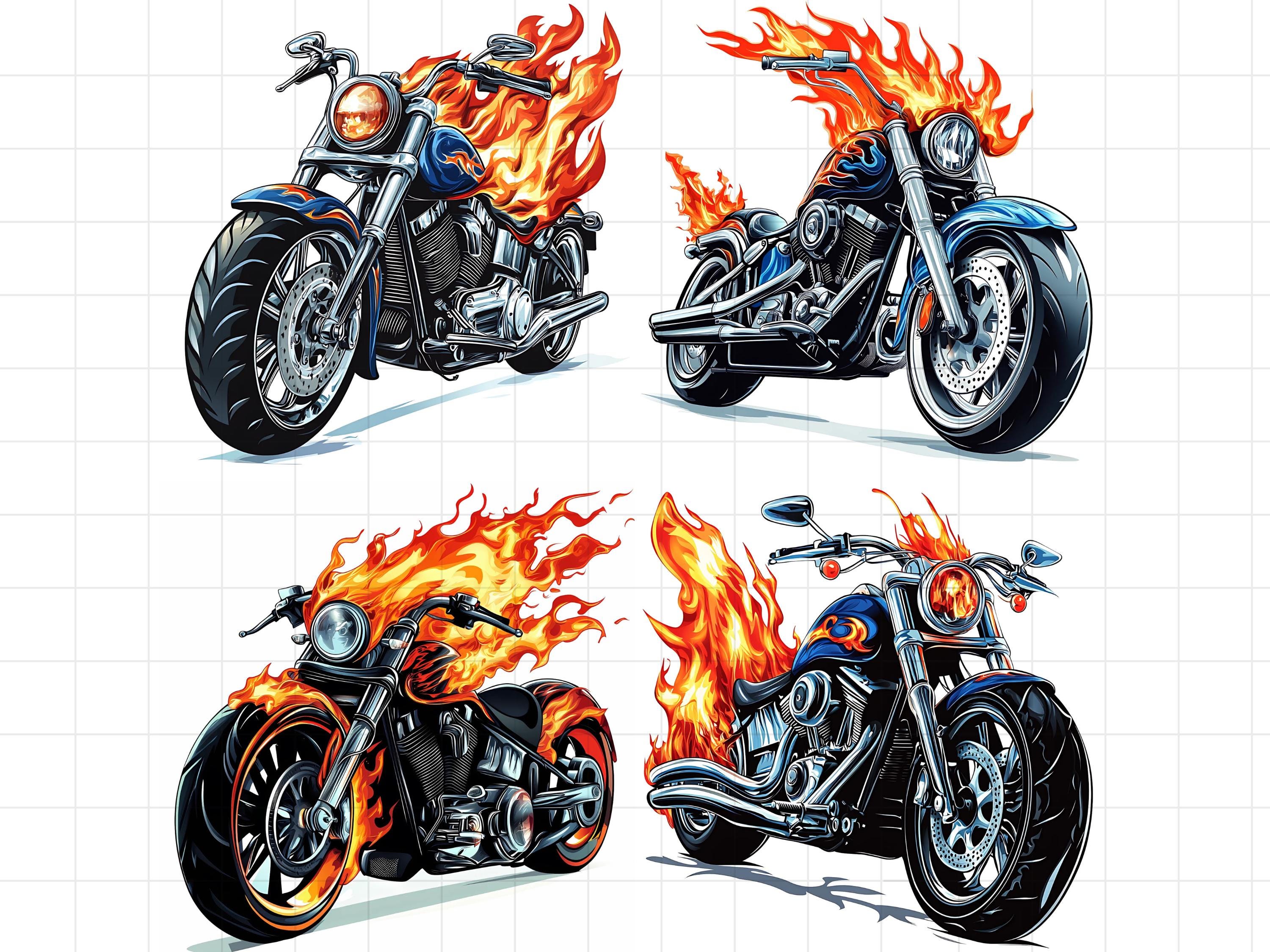 16 Motorbike With Flames Clipart, Motorcycle on Fire JPG, Watercolor ...