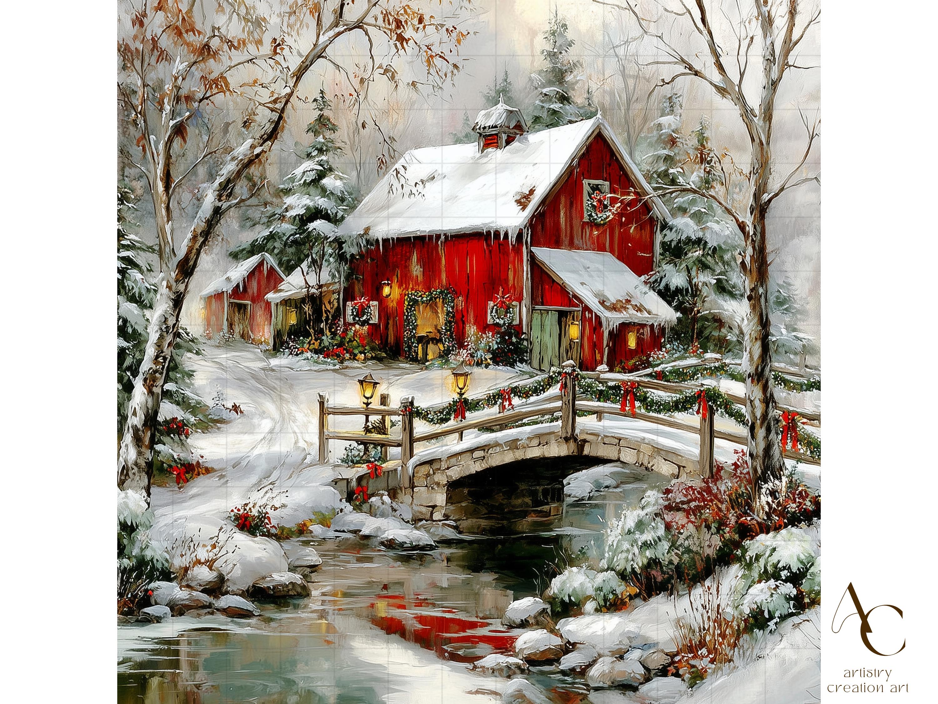 19 Christmas Barn Farm Scene JPG, Snowy Winter Clipart, Watercolor Xmas ...