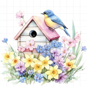 12 Spring Birdhouse Clipart, Bird Floral JPG, Bluebird Wildflower, Wild ...