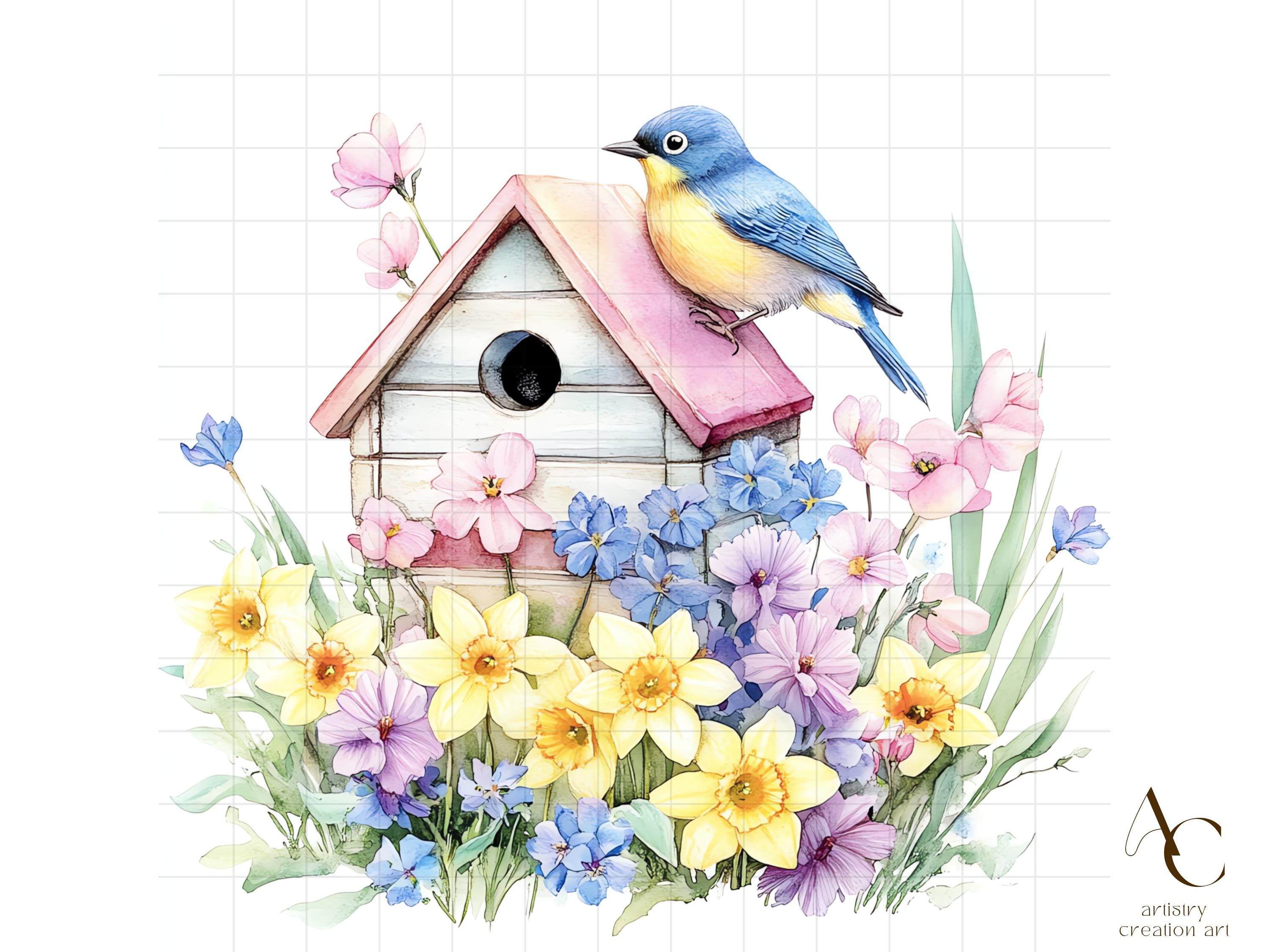 12 Spring Birdhouse Clipart, Bird Floral JPG, Bluebird Wildflower, Wild ...