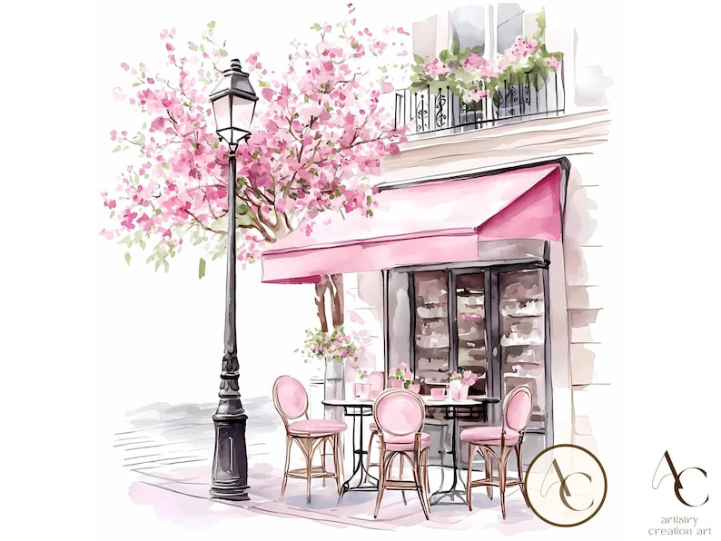 Pink Coffee Shop Clipart, Cute Paris Cafe JPG, Watercolor Parisian ...