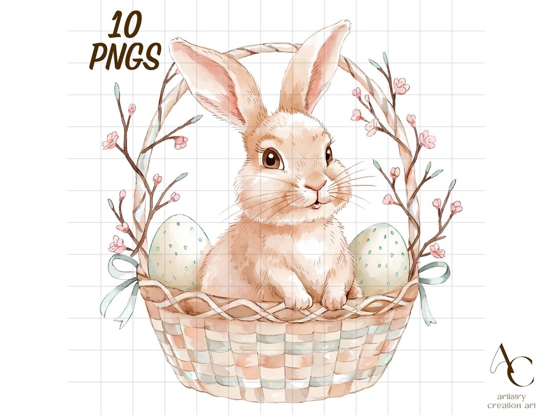 10 Easter Bunny Clipart, Bunnies in Basket Png, Happy Easter Day ...