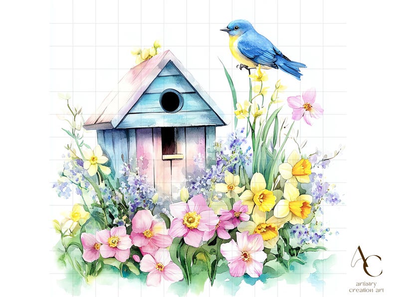 12 Spring Birdhouse Clipart, Bird Floral JPG, Bluebird Wildflower, Wild ...