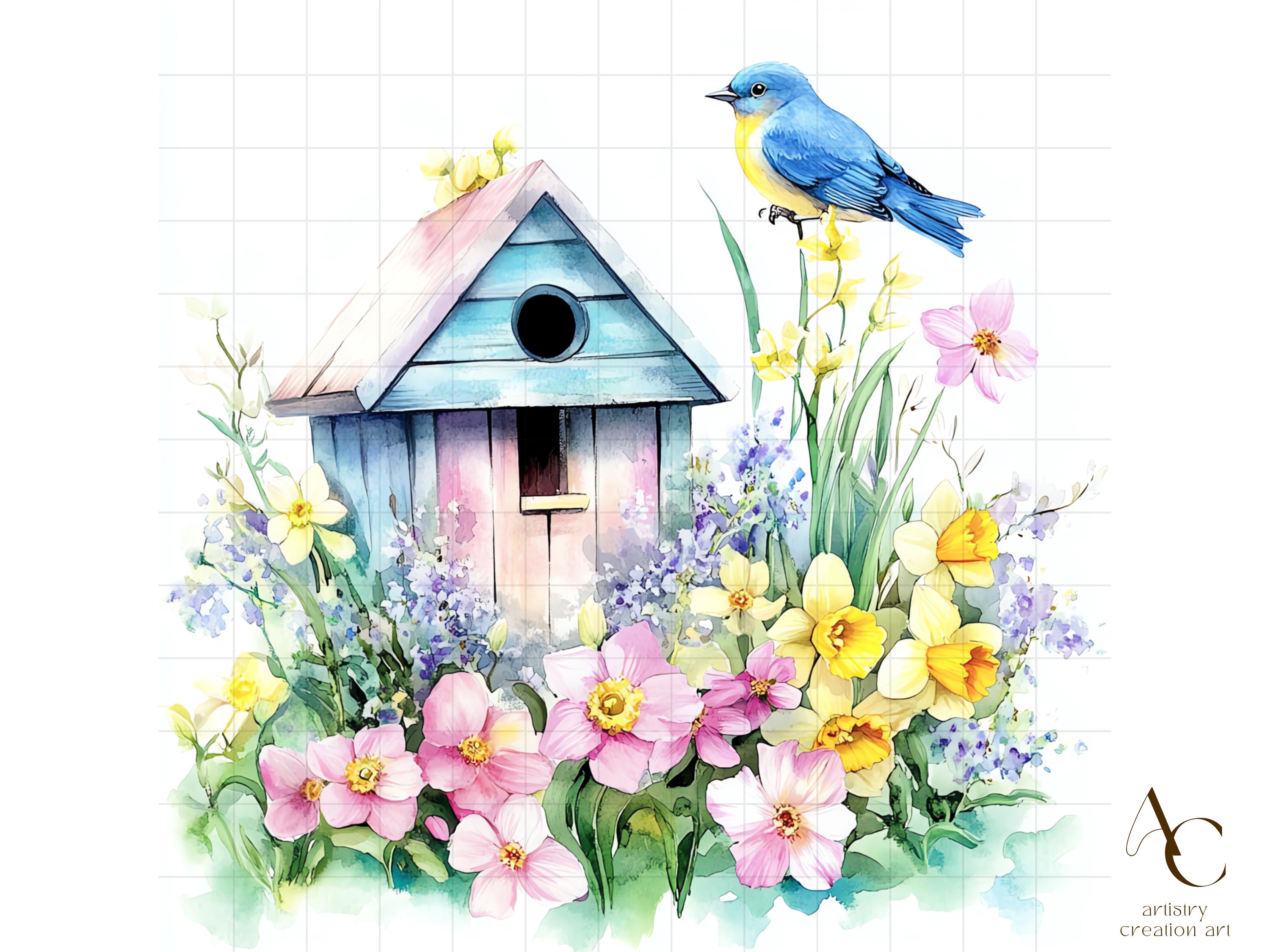 12 Spring Birdhouse Clipart, Bird Floral JPG, Bluebird Wildflower, Wild ...