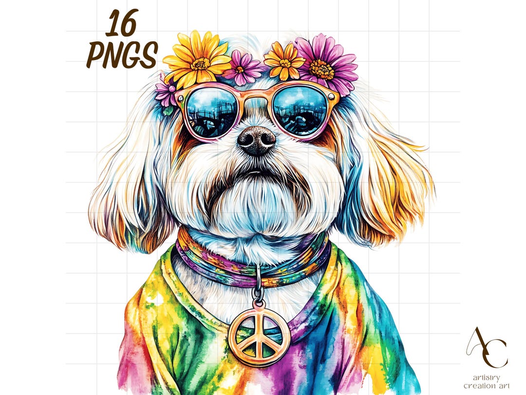 16 Hippy Dog Clipart Bundle, 60s Boho Puppy Png, Hippie Pet Owner ...