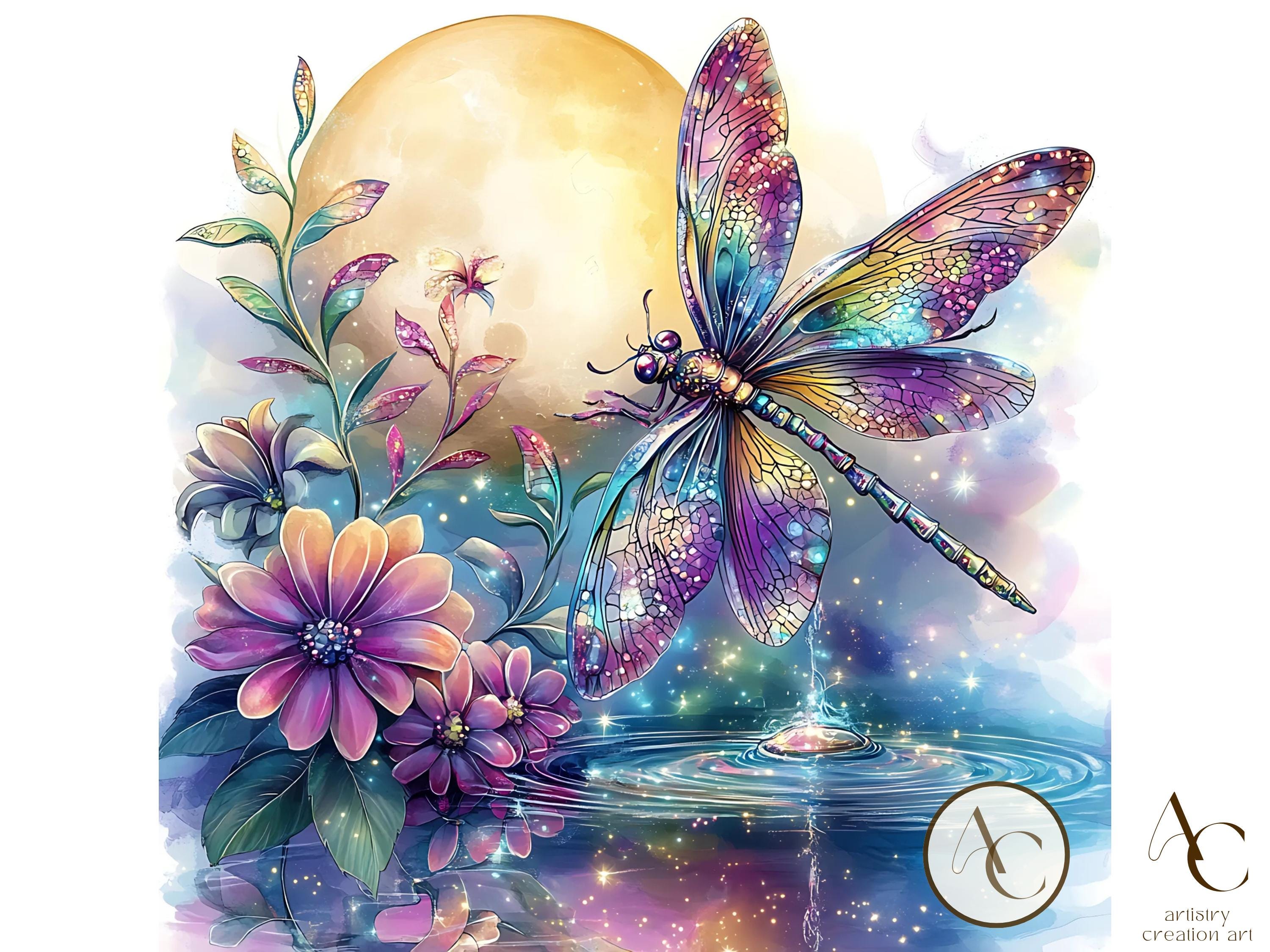 Dragonfly Clipart Bundle, Tropical Moon JPG, Insect Paper, Watercolor ...
