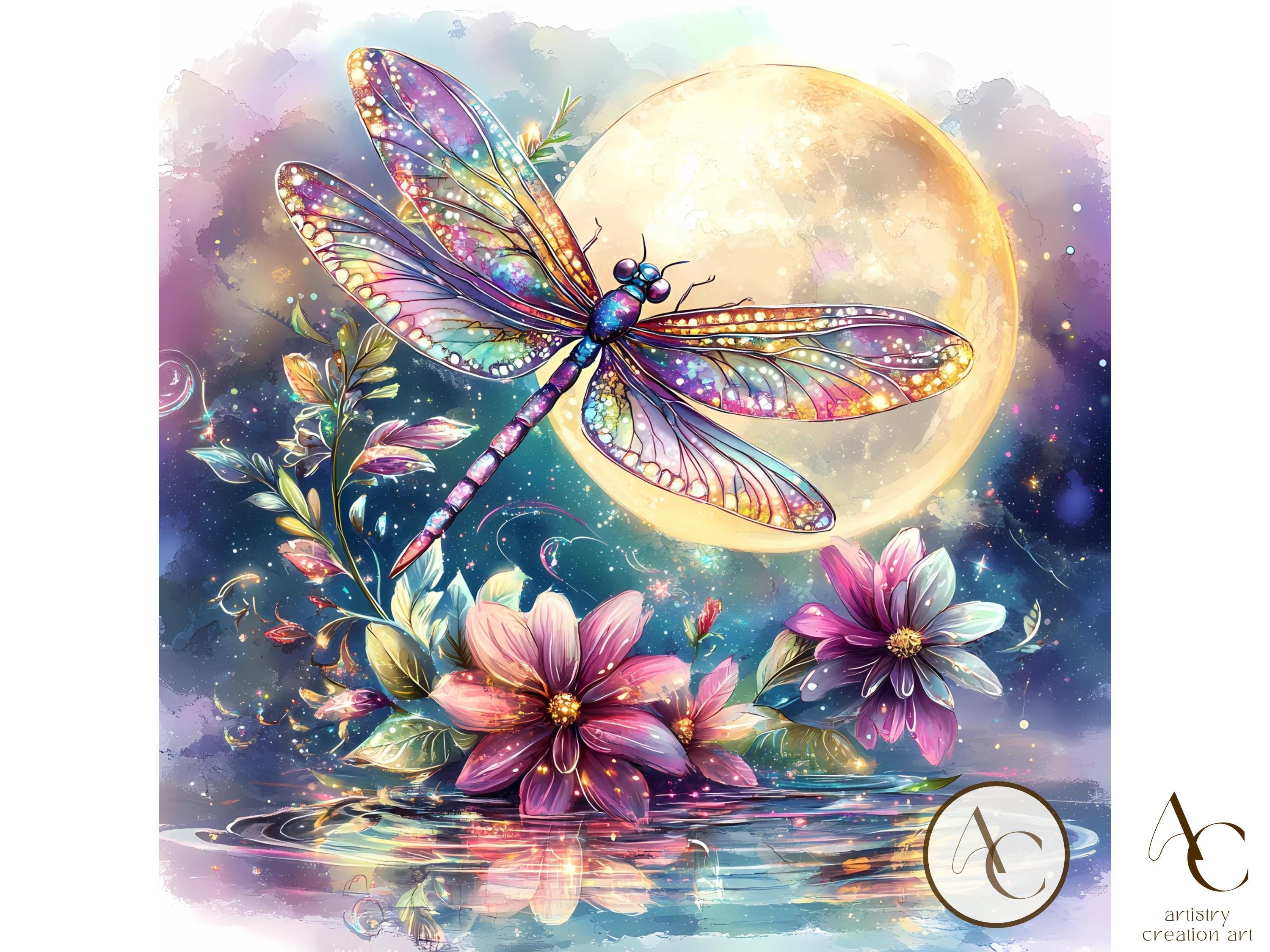 Dragonfly Clipart Bundle, Tropical Moon JPG, Insect Paper, Watercolor ...