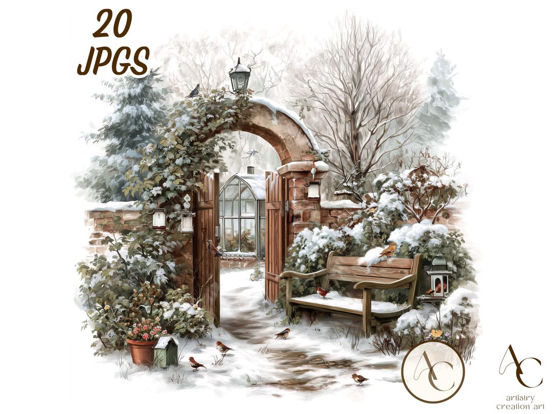 20 Winter Garden Scene JPG, Snowy Park Clipart, Watercolor Xmas Yard ...