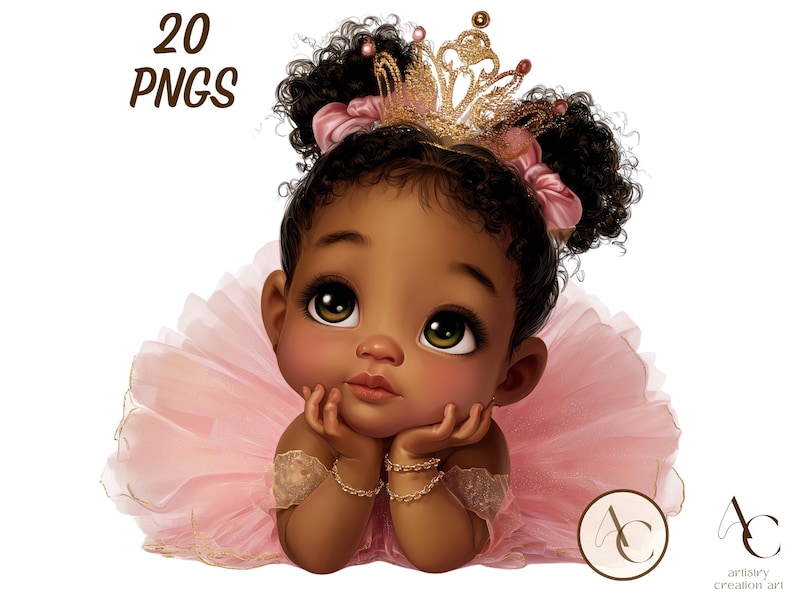 20 Black Baby Girl Princess Clipart, Afro Kid PNG, 1st Birthday Party ...
