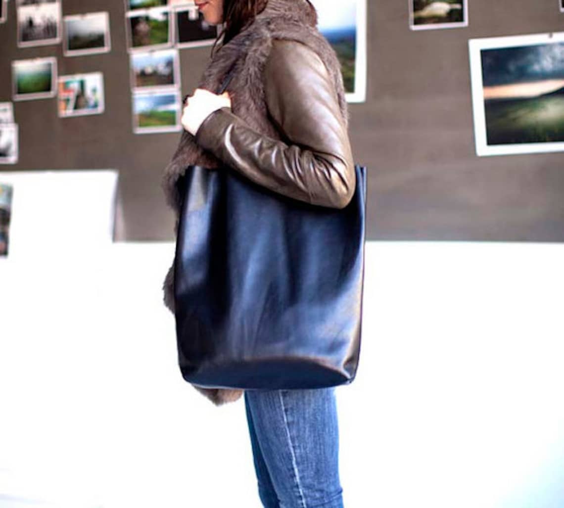 Large Black Leather Tote Bag Oversized Black Leather Bag - Etsy