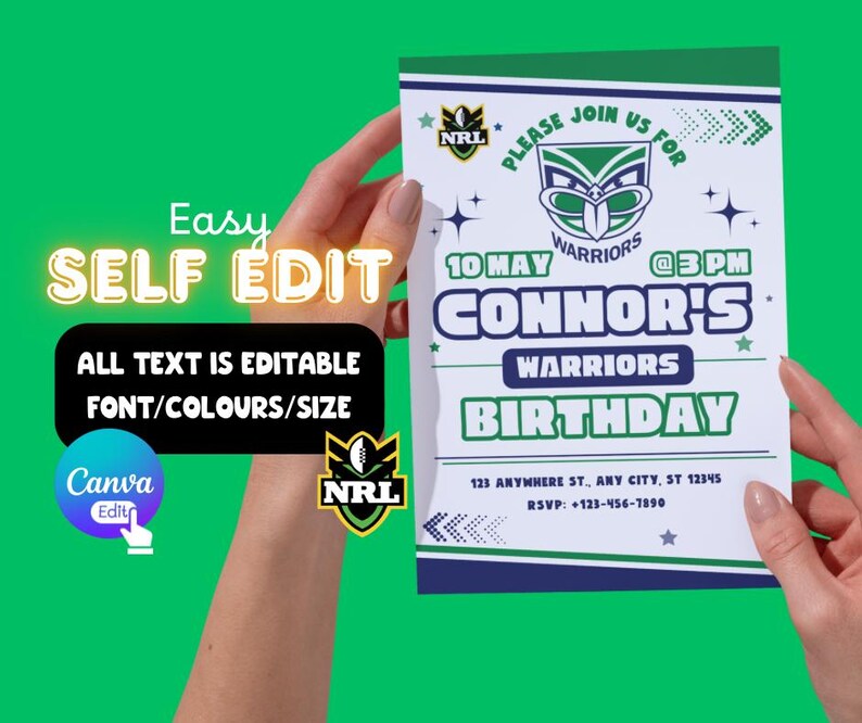 NRL Warriors Birthday Invitation | Rugby League Party Invite, Editable ...