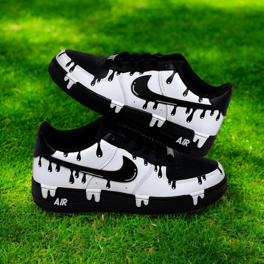 Black White Drip Custom Air Force 1 Sneakers, Hand Painted Black White ...