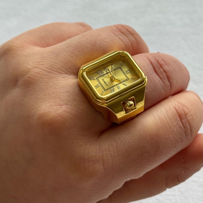 Vintage Gold Watch Ring for Women – Rectangular Quartz Adjustable Ring ...