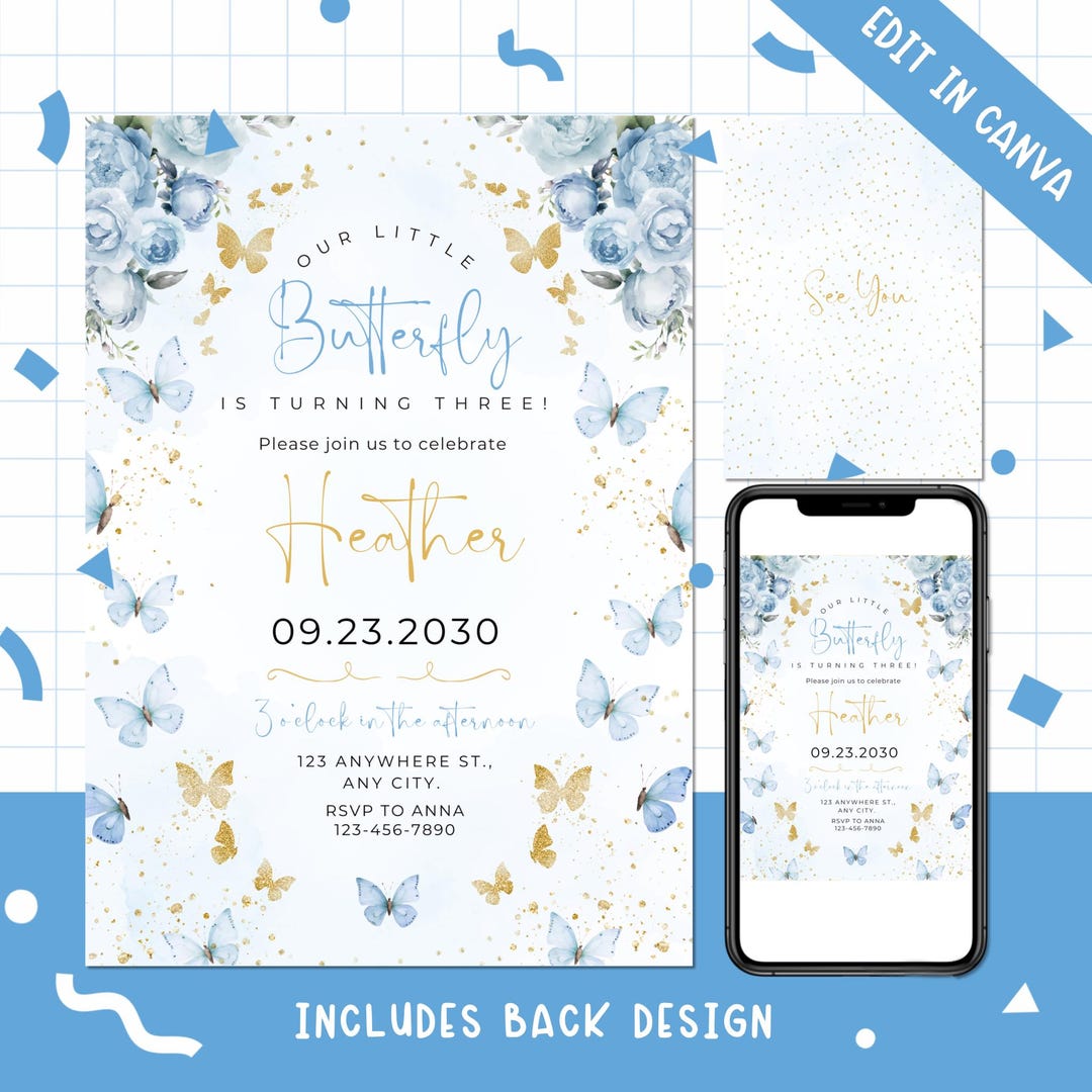 Elegant Blue Butterfly Birthday Invitation Butterfly Birthday Party ...