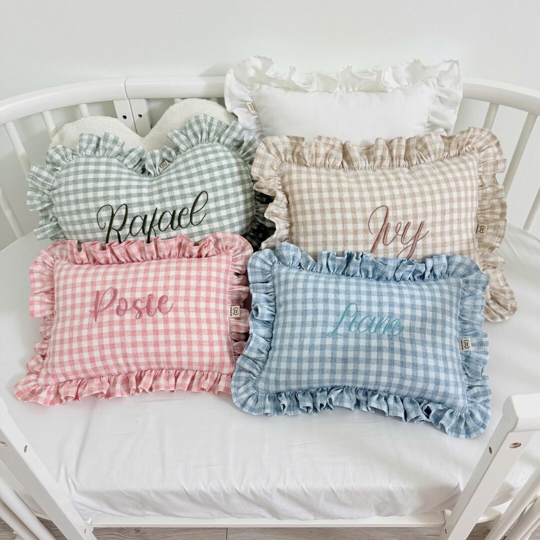 Personalized Plaid Baby Name Pillow With Ruffles | Custom Embroidered ...