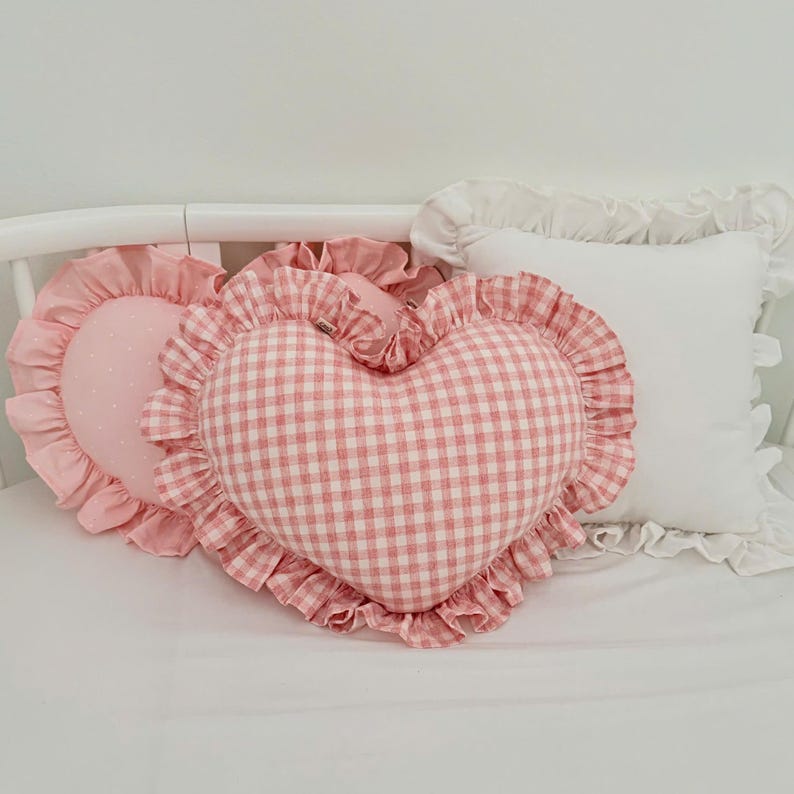 Heart Pillow With Ruffles, Embroidered Name Linen Heart Cushion ...
