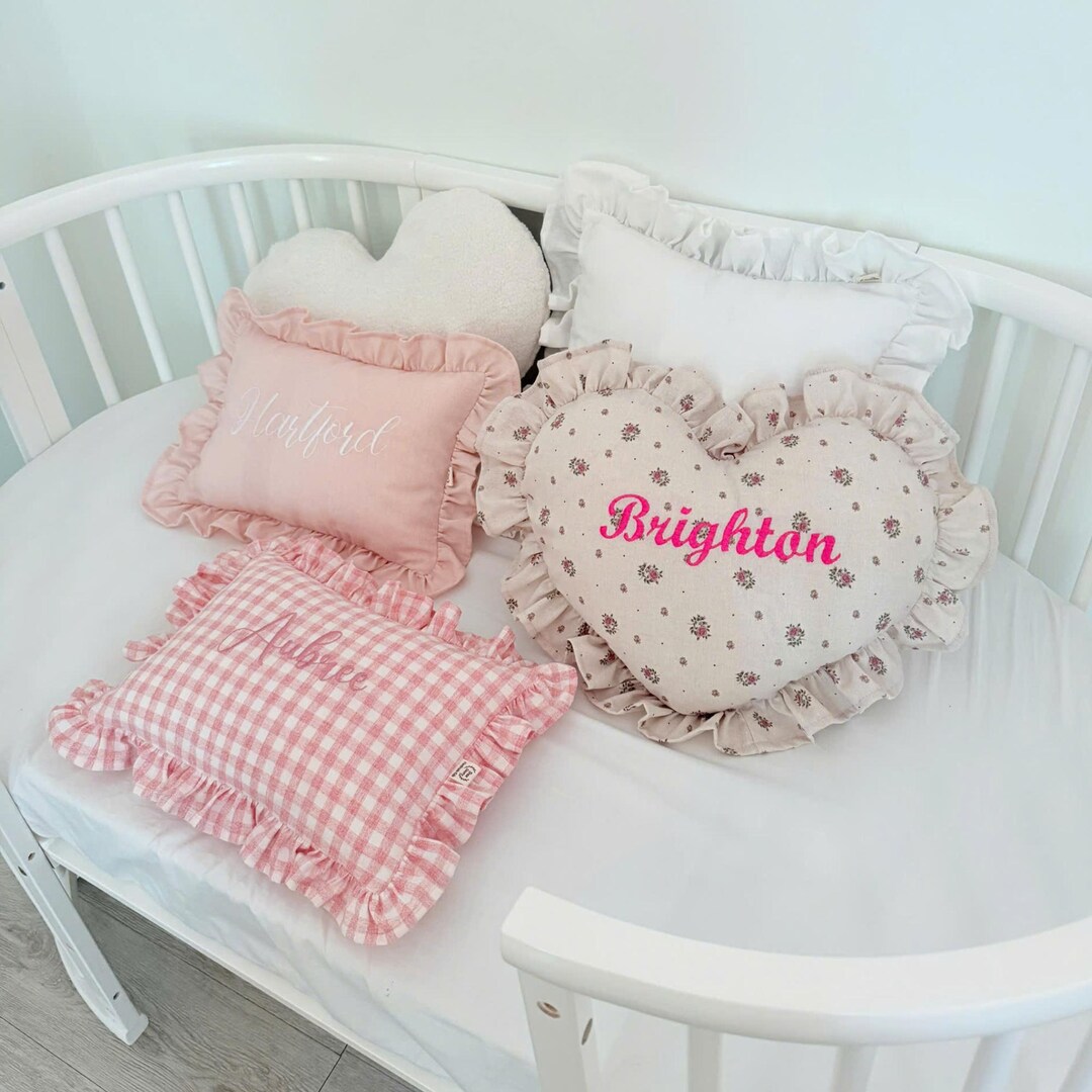 Heart Pillow With Ruffles, Embroidered Name Linen Heart Cushion ...