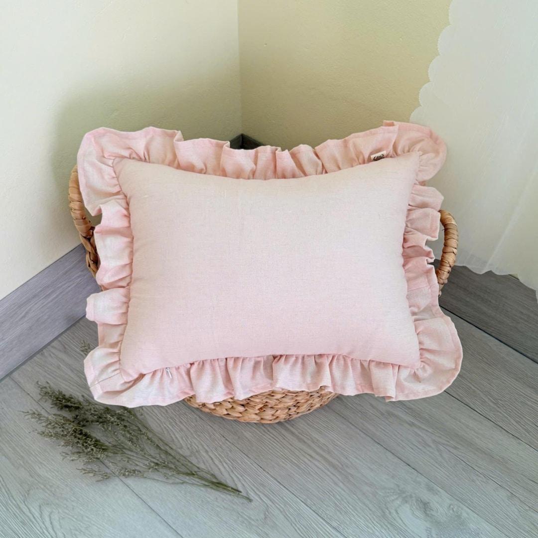 Blush Pink Ruffled Linen Pillow: Handmade Romantic Bedroom Decor - Etsy