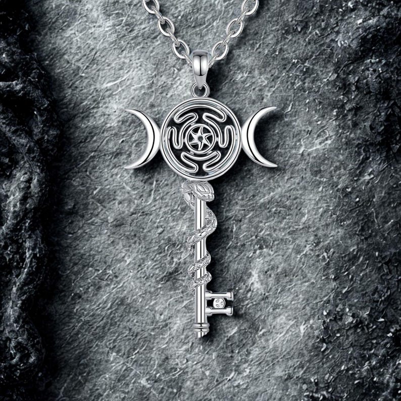 Hekate Wheel Necklace, Snake Key Triple Moon Goddess Pendant, Stainless ...