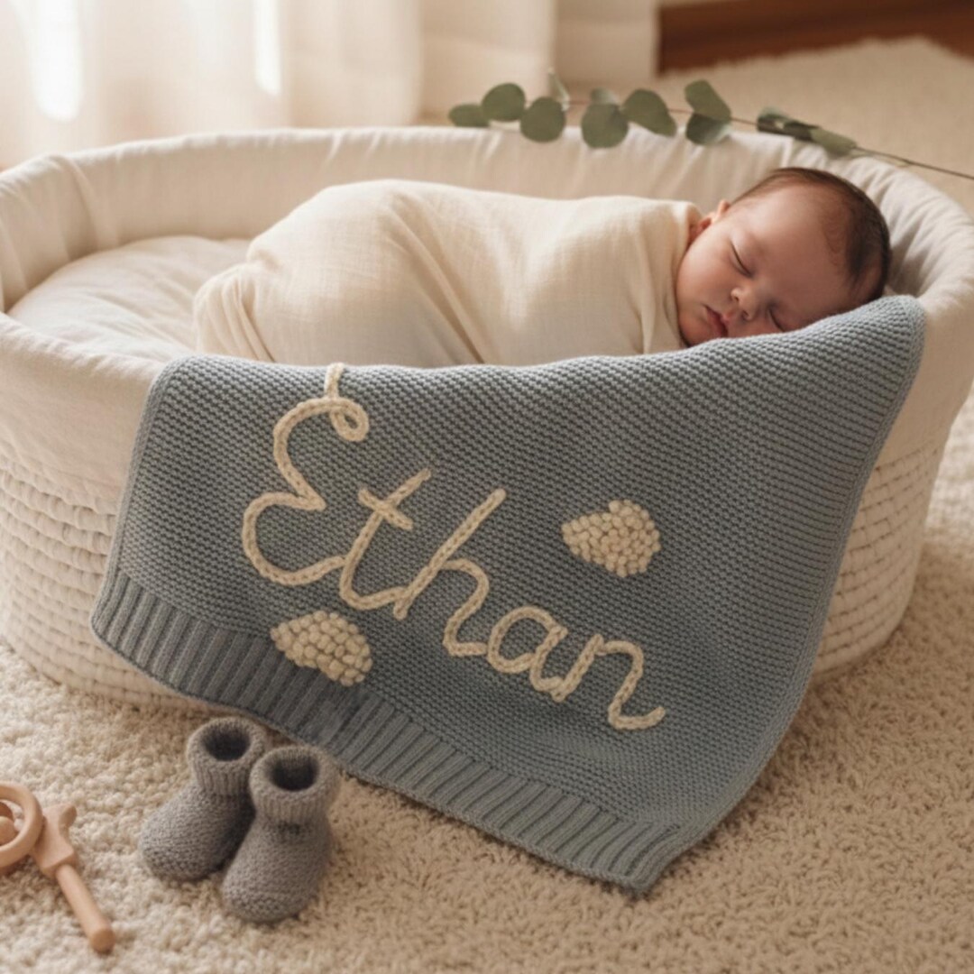 Hand-embroidered Personalized Baby Name Blanket, Custom Newborn Blanket ...
