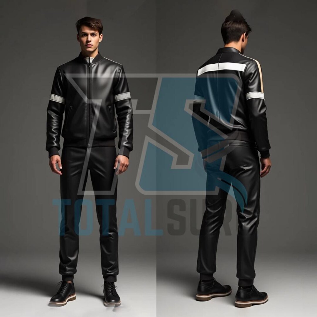 Leather Track Suit Men's 100% Real Leather Stripe Style Black & White ...