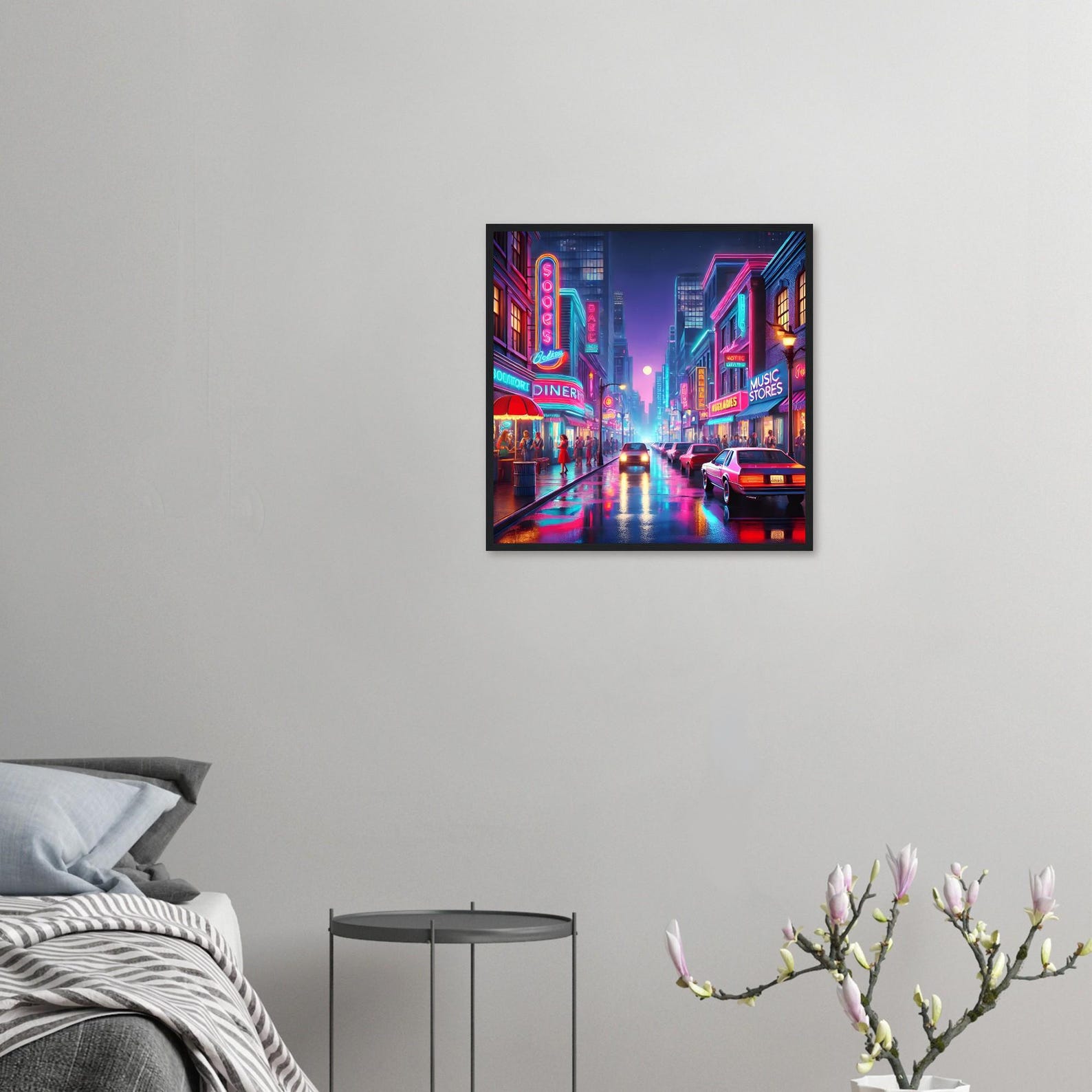 Retro 1980s Cityscape – Vintage Neon Glow Framed Poster (50x50 Cm ...