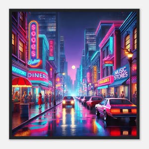 Retro 1980s Cityscape – Vintage Neon Glow Framed Poster (50x50 Cm ...