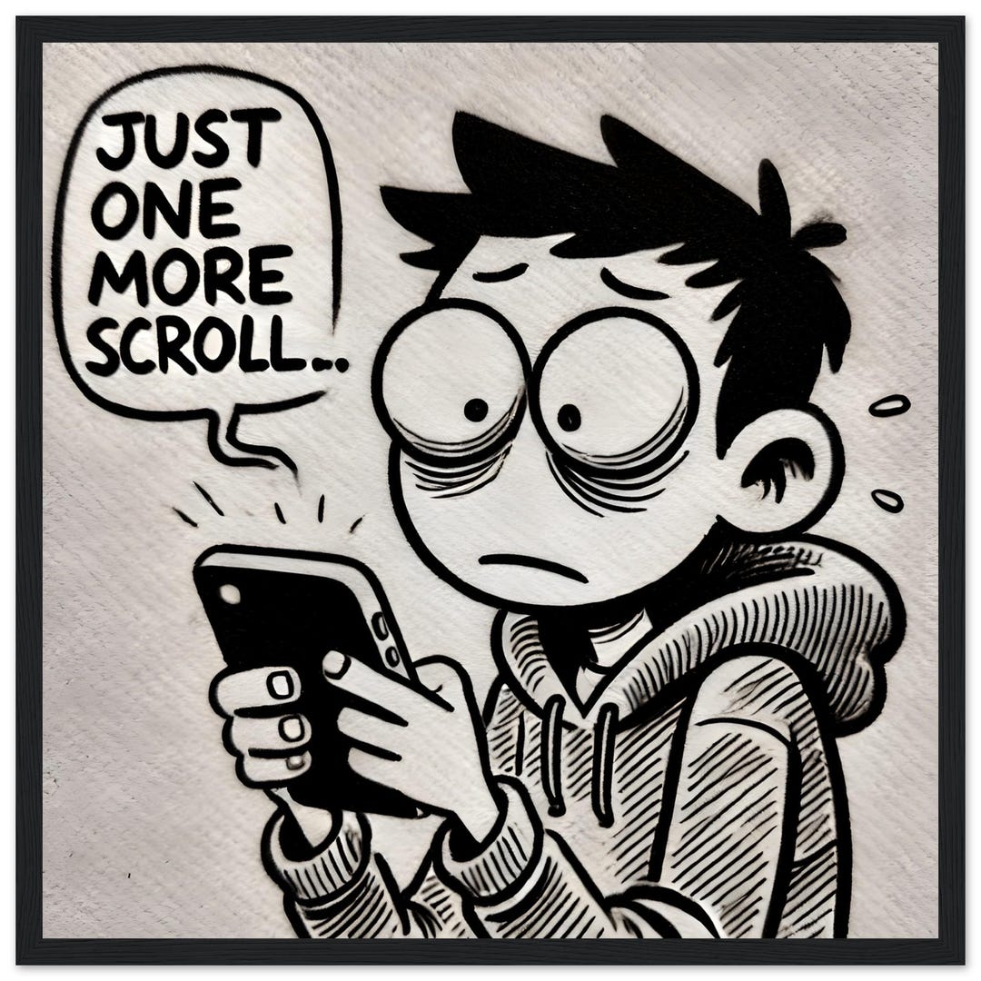 Just One More Scroll… – Funny Cartoon Wall Art | Premium Matte Paper ...