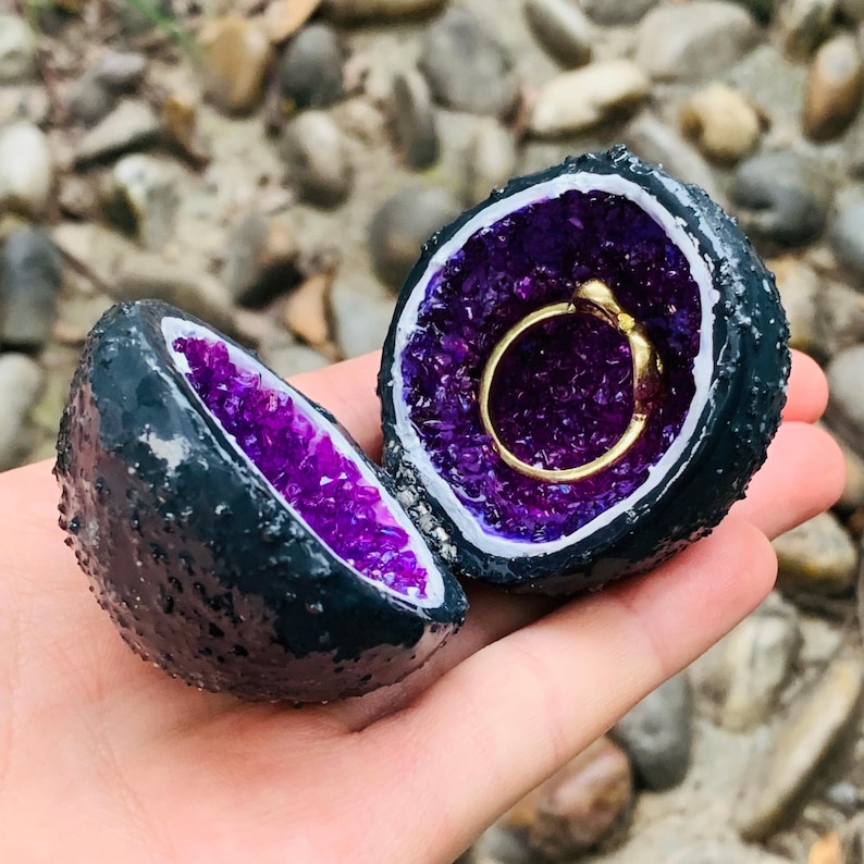 Purple Glass Crystal Engagement Ring Box , Handmade Glass Crystal Druzy ...