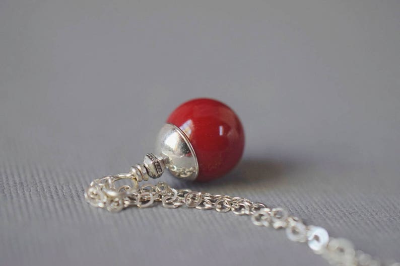 Single Drop Red Coral Necklace on Sterling Silver Chain Dark | Etsy