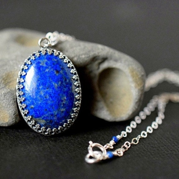 Lapis Lazuli Necklace Sterling Silver Dark Blue Natural Stone Oval Cab Lapis Pendant Necklace Indigo Gemstone Necklace Birthday Gift for Her Etsy