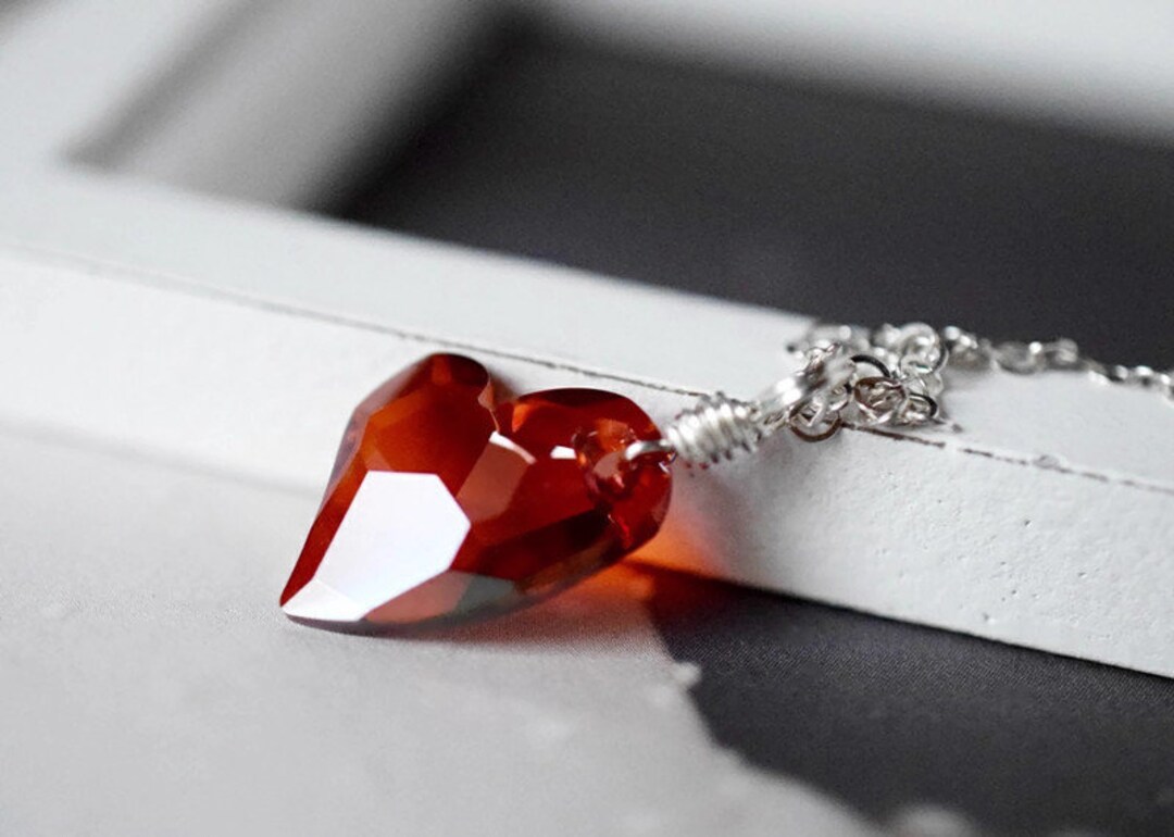 Magma Red Crystal Heart Necklace, Sterling Silver Wire Wrapped Pendant ...