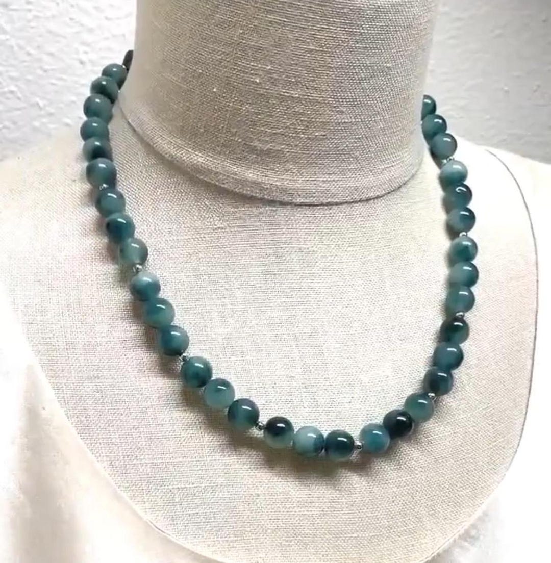 Emerald Green Leopard Jade Necklace: Sterling Silver Beaded Spotted ...
