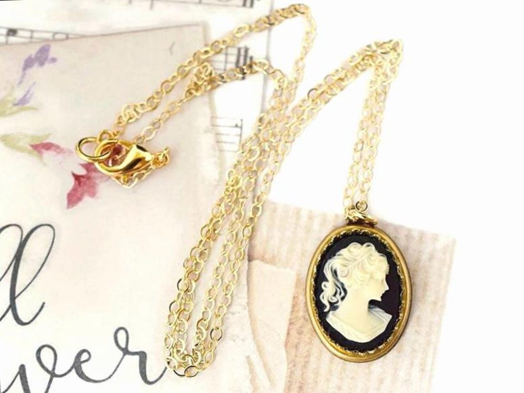 Victorian Cameo Necklace Black Cameo Pendant Gold Layering Ivory ...