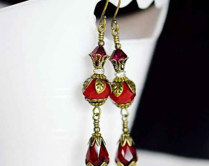 Siam Red Crystal Earrings, Long Red Teardrop Earrings, Red Earrings ...