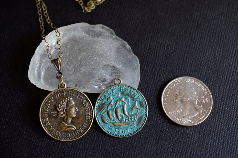 Nautical Sailing Ship Necklace, Antique Brass Coin Pendant, Elizabeth ...
