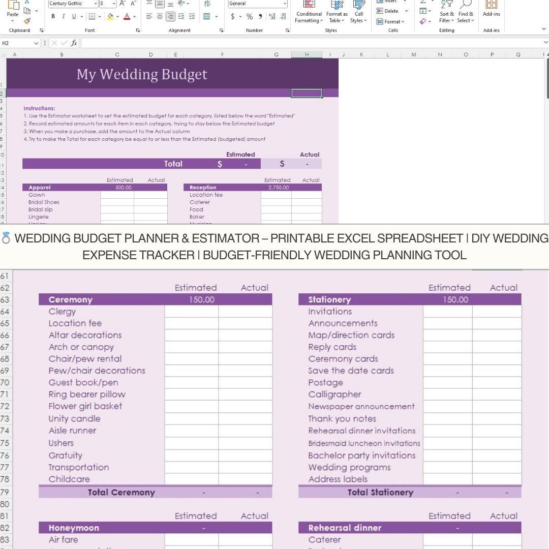 Wedding Budget Planner & Estimator – Printable Excel Spreadsheet | DIY ...