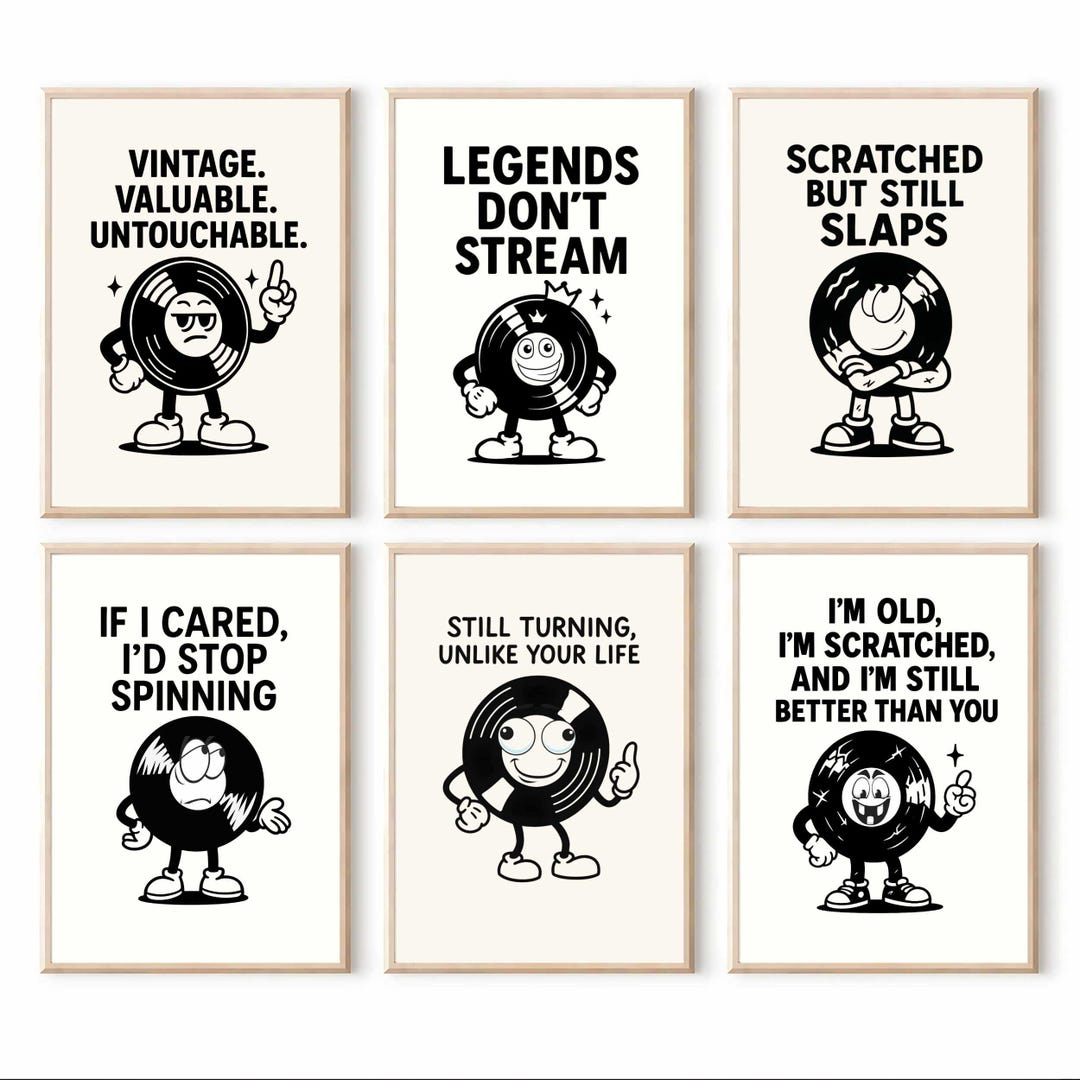 Vinyl Record Poster Set of 6 Funny Retro Music Wall Art Digital ...
