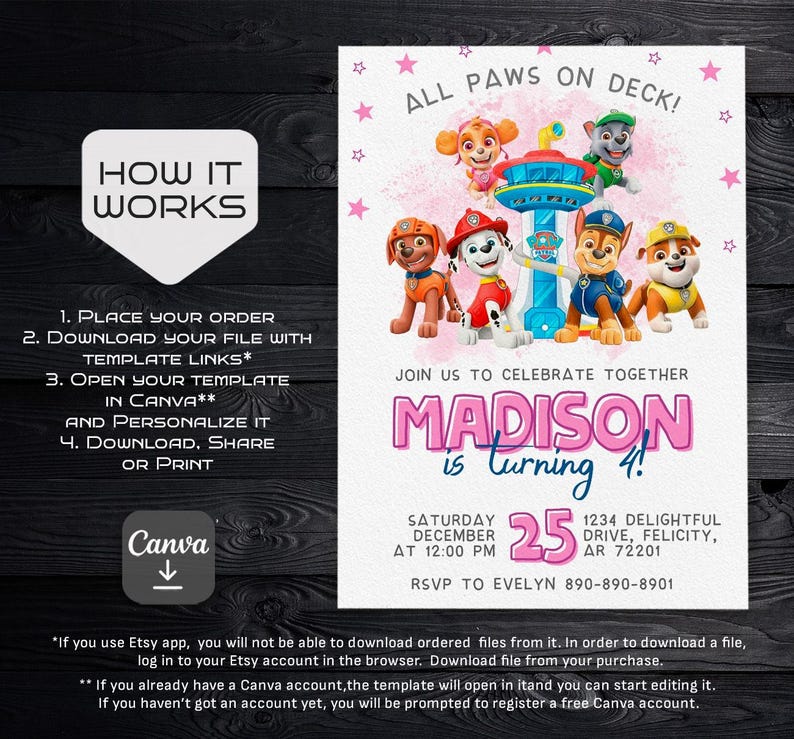 Printable Paw-ty Editable Invitation, Puppies Birthday Invite Boy Girl ...