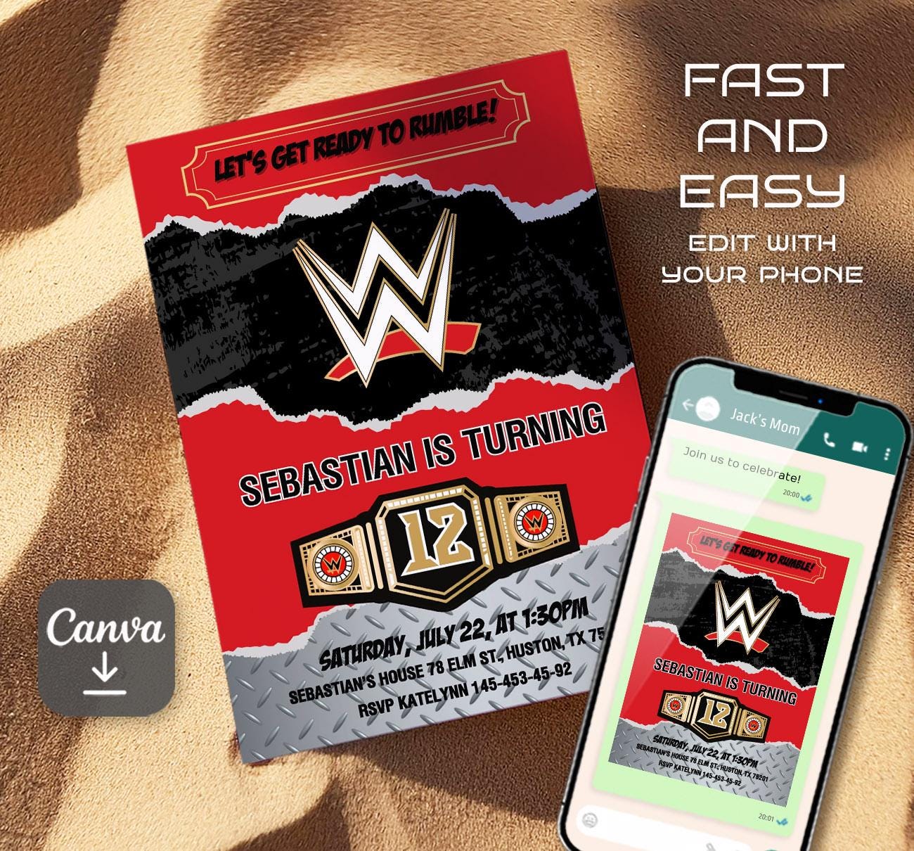 Wrestling Birthday Invitation, Boy Birthday Invite, Fighting Invitation ...