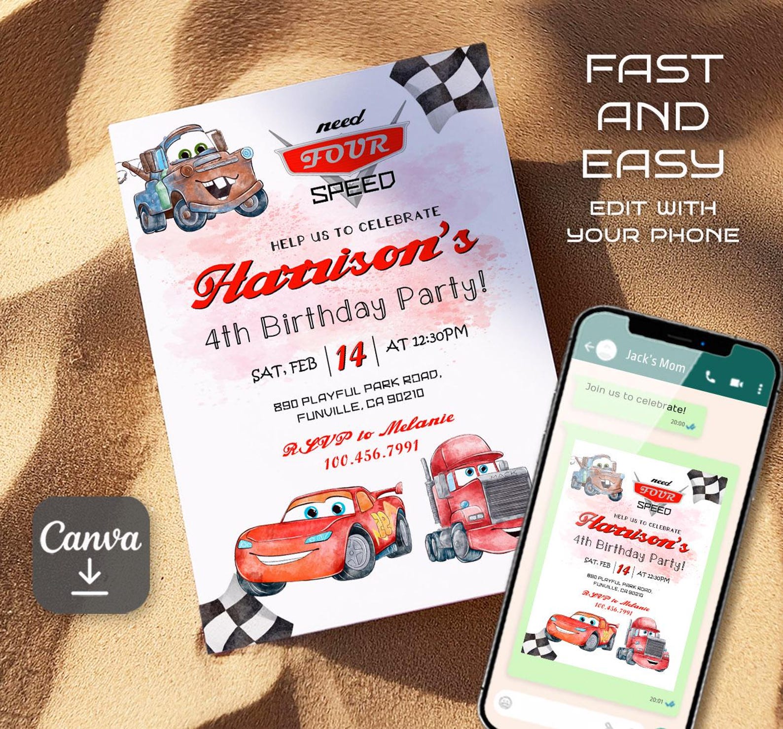 Cars Invitation, Lightning Mcqueen Invite, Printable Birthday Party ...