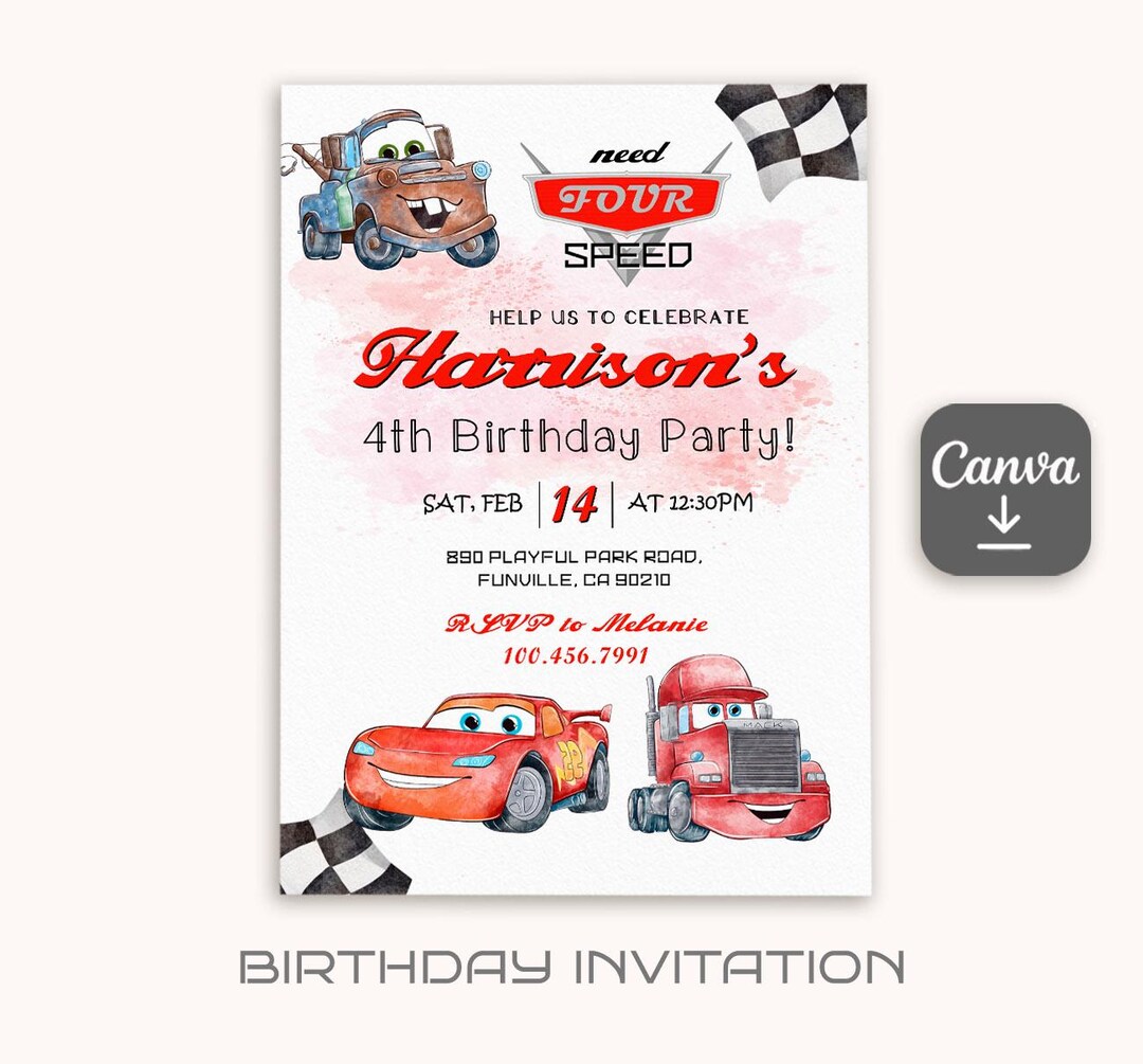 Cars Invitation, Lightning Mcqueen Invite, Printable Birthday Party ...