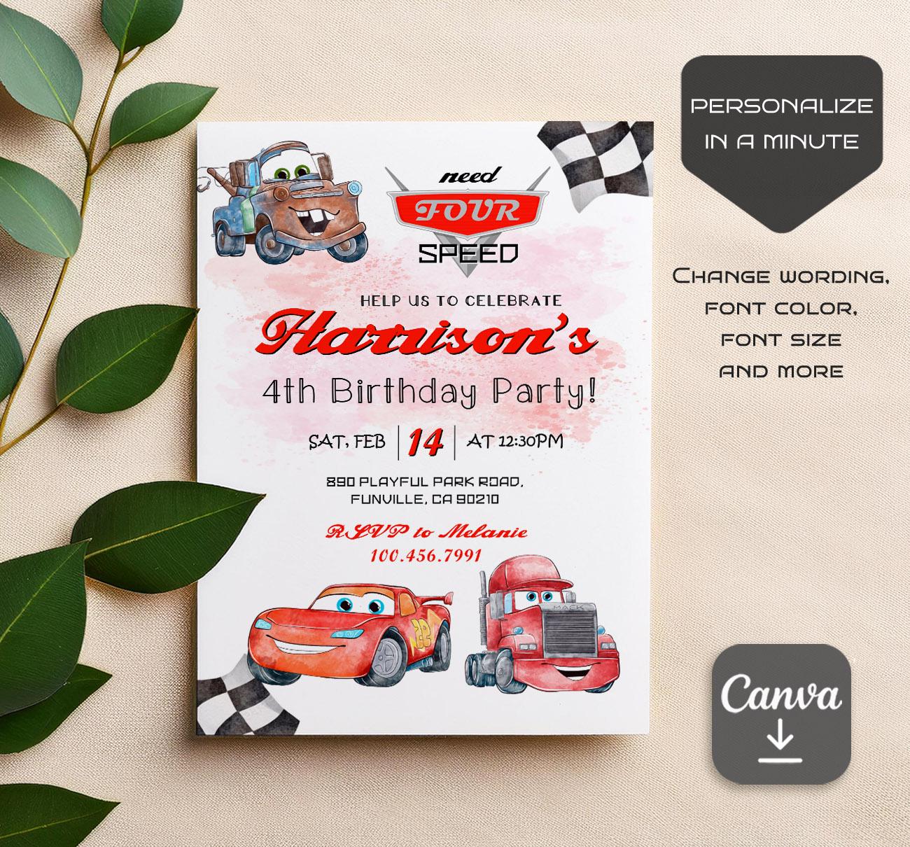 Cars Invitation, Lightning Mcqueen Invite, Printable Birthday Party ...