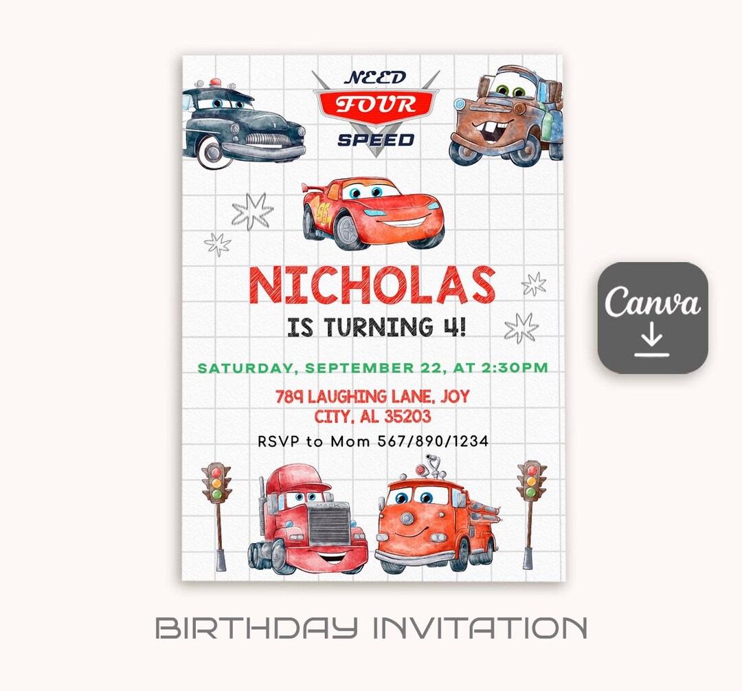 Cars Invitation, Lightning Mcqueen Invite, Printable Birthday Party ...