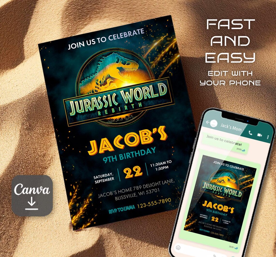 Jurassic Rebirth Movie Dinosaur Printable Birthday Invitation, Dino Birthday Invite, Park ...