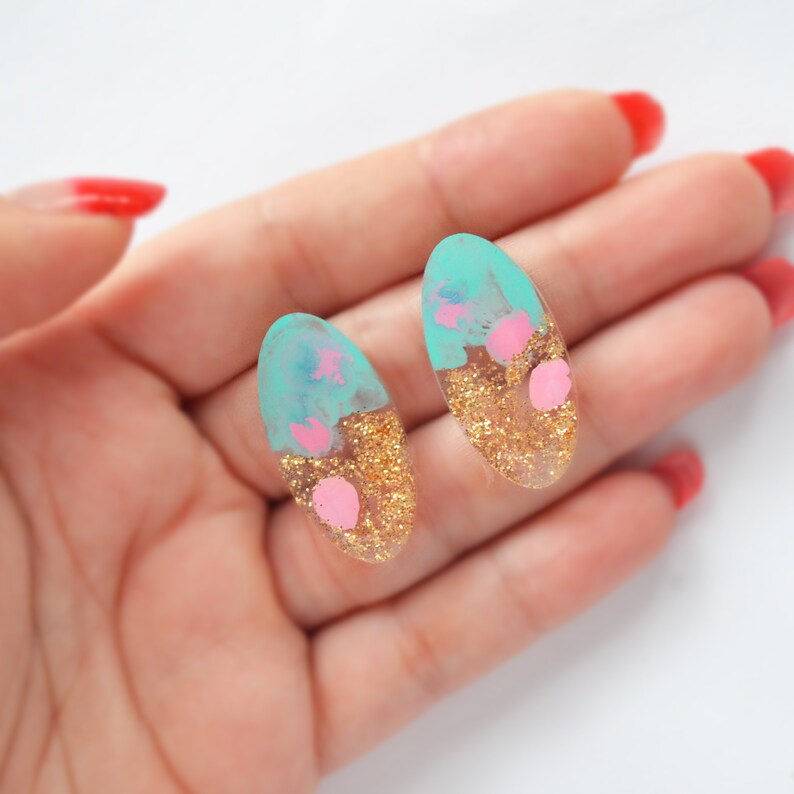 Acrylic Stud Glitter Resin Earrings Oval Stud Earrings Laser | Etsy