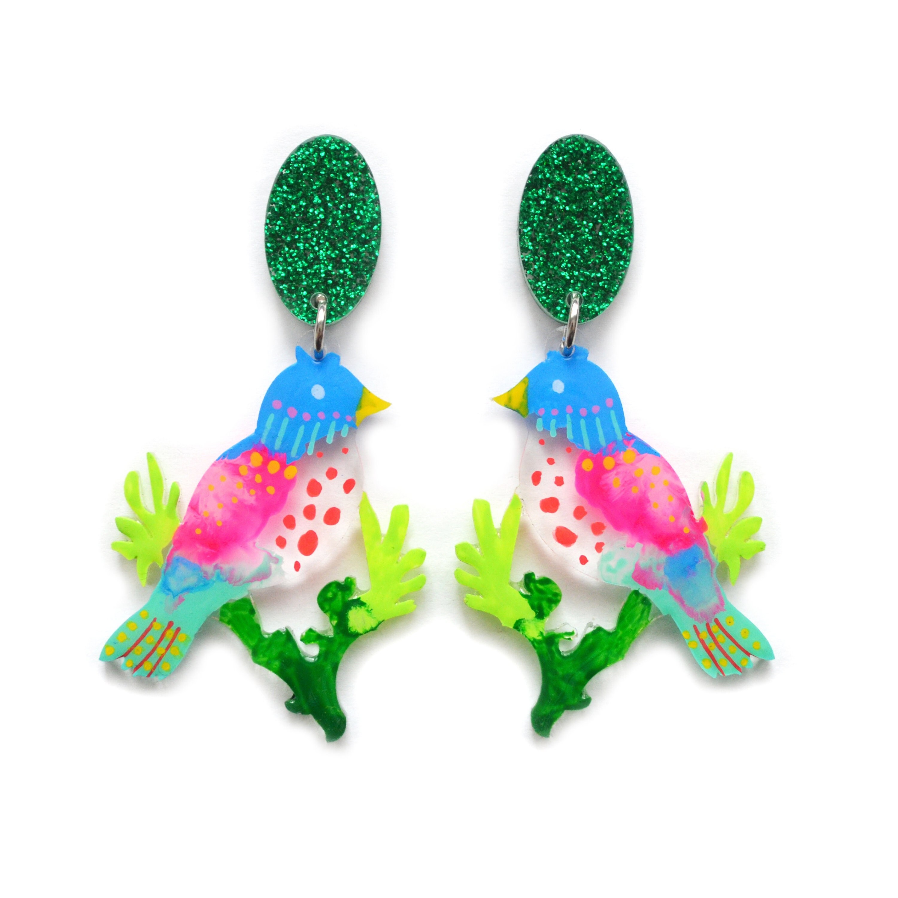 Colorful Neon Tropical Bird Earrings, Blue and Pink Bird Earrings, Bird ...