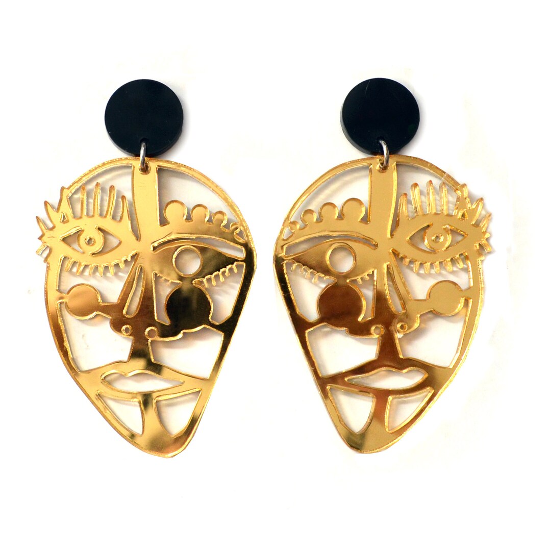 Gold Picasso Face Earrings, Modern Statement Earrings, Large Unique ...