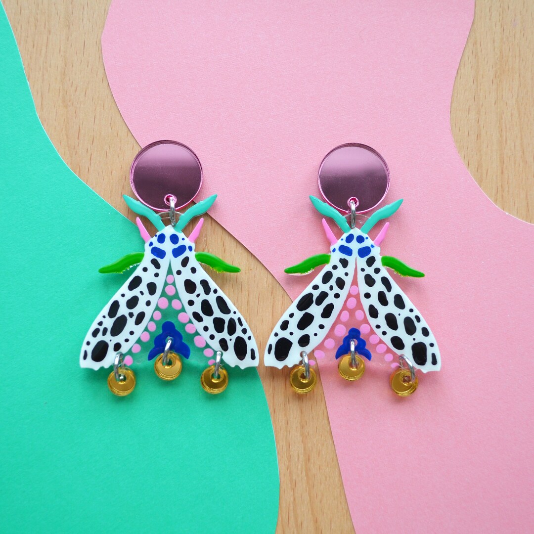 Black and White Dotted Pattern Moth Earrings, Resin Butterfly Earrings ...